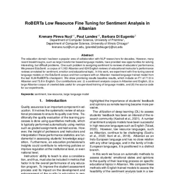 RoBERTa Low Resource Fine Tuning for Sentiment Analysis in Albanian - ACL Anthology