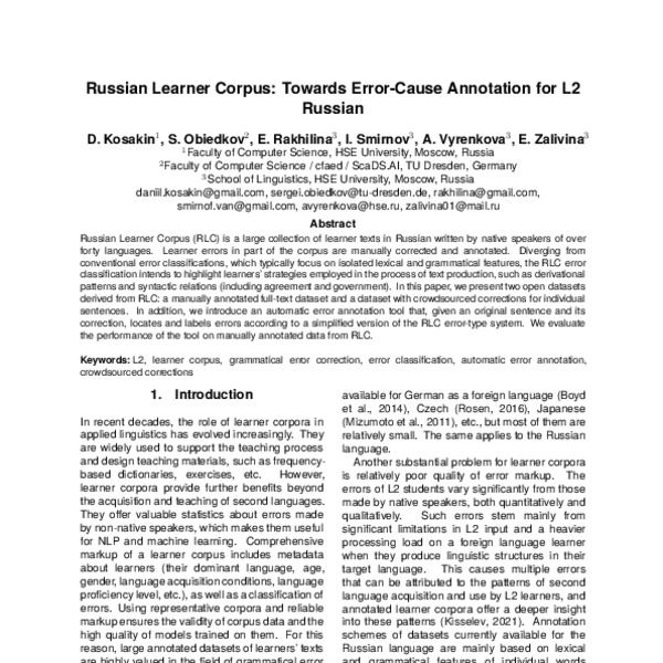Russian Learner Corpus: Towards Error-Cause Annotation for L2 Russian - ACL Anthology