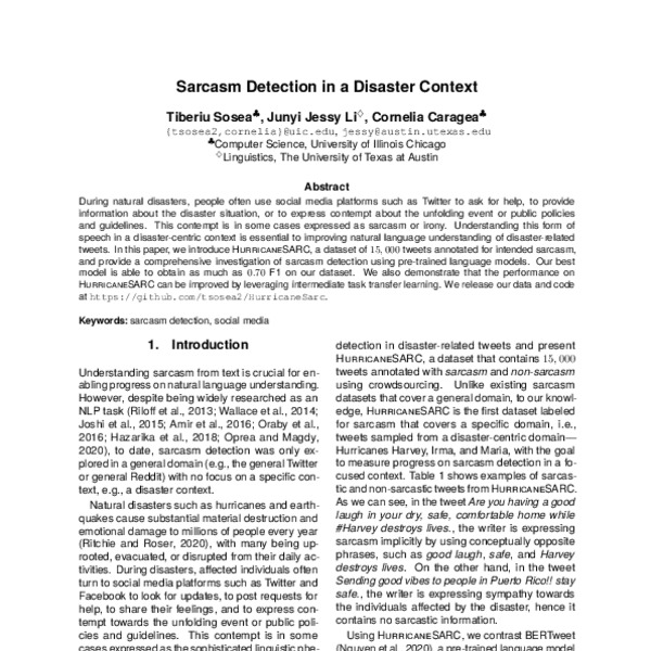 Sarcasm Detection In A Disaster Context Acl Anthology