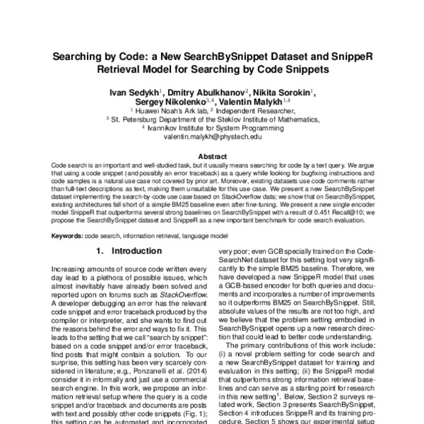 Searching by Code: A New SearchBySnippet Dataset and SnippeR Retrieval Model for Searching by ...