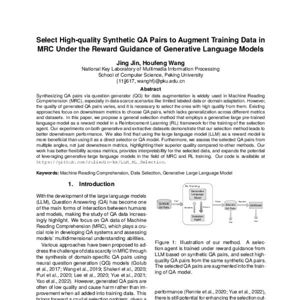 Select High-quality Synthetic QA Pairs to Augment Training Data in MRC under the Reward Guidance ...