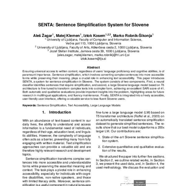 SENTA: Sentence Simplification System for Slovene - ACL Anthology