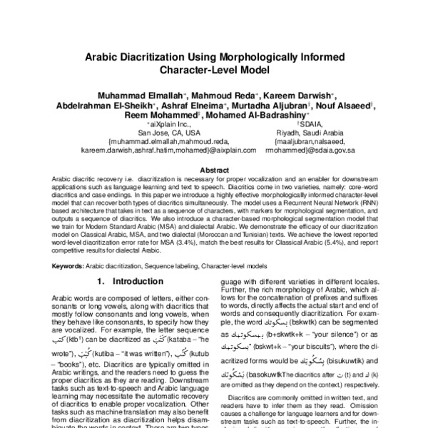 Arabic Diacritization Using Morphologically Informed Character-Level Model - ACL Anthology