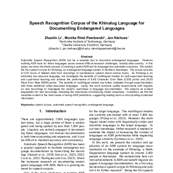 Speech Recognition Corpus of the Khinalug Language for Documenting Endangered Languages - ACL ...