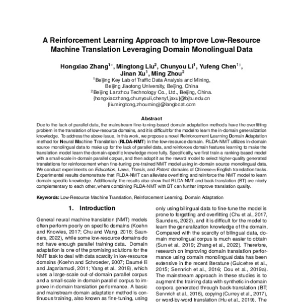 A Reinforcement Learning Approach to Improve Low-Resource Machine Translation Leveraging Domain ...