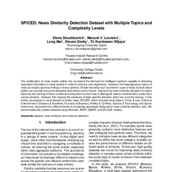 Spiced News Similarity Detection Dataset With Multiple Topics And Complexity Levels Acl Anthology
