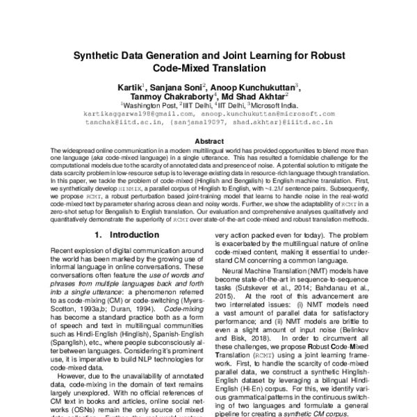 Synthetic Data Generation and Joint Learning for Robust Code-Mixed ...