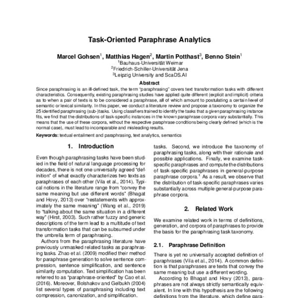 Task-Oriented Paraphrase Analytics - ACL Anthology