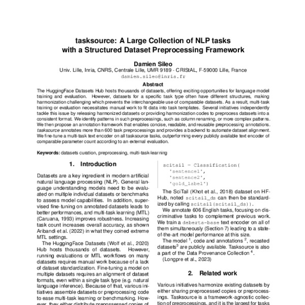 Tasksource A Large Collection Of Nlp Tasks With A Structured Dataset Preprocessing Framework