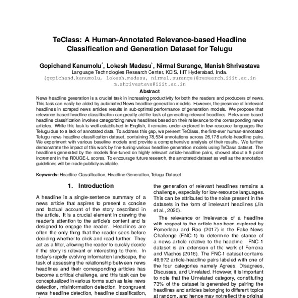 TeClass: A Human-Annotated Relevance-based Headline Classification and ...