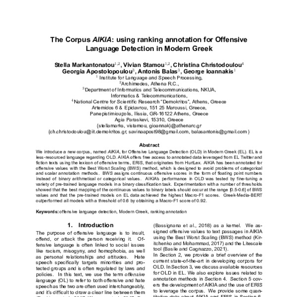 The Corpus AIKIA: Using Ranking Annotation for Offensive Language Detection in Modern Greek ...