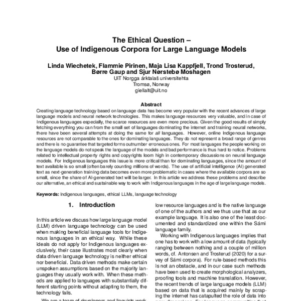 The Ethical Question – Use of Indigenous Corpora for Large Language ...