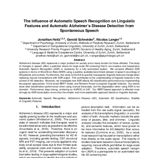 The Influence of Automatic Speech Recognition on Linguistic Features and Automatic Alzheimer’s ...