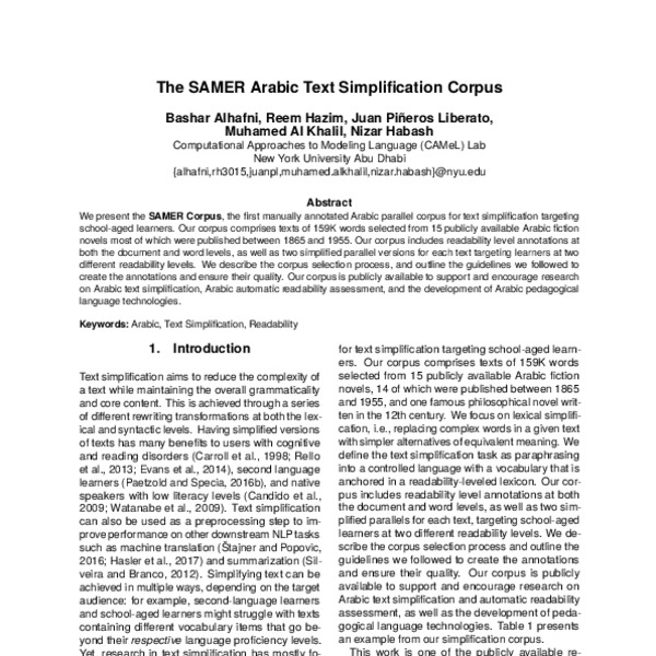 The SAMER Arabic Text Simplification Corpus - ACL Anthology