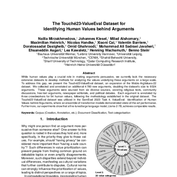 The Touché23-ValueEval Dataset for Identifying Human Values behind Arguments - ACL Anthology