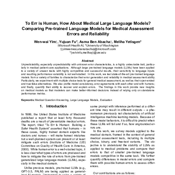 To Err Is Human, How about Medical Large Language Models? Comparing Pre ...