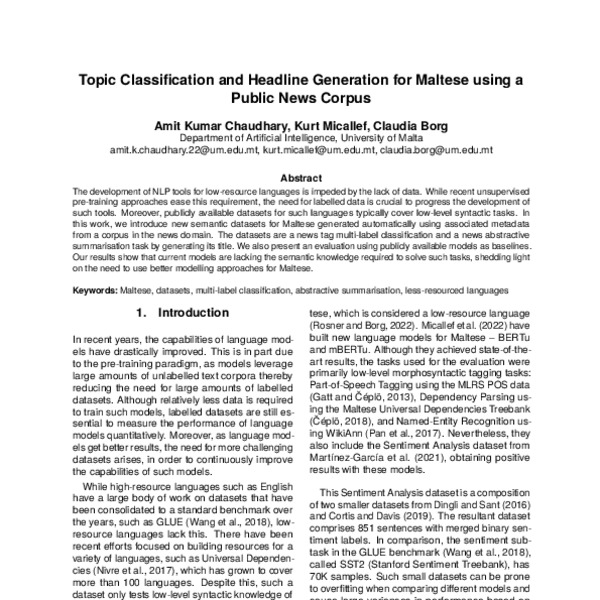 Topic Classification and Headline Generation for Maltese Using a Public ...