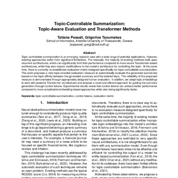 Topic-Controllable Summarization: Topic-Aware Evaluation and Transformer Methods - ACL Anthology