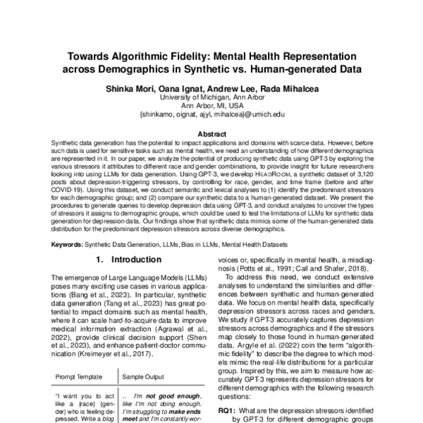 Towards Algorithmic Fidelity: Mental Health Representation across ...