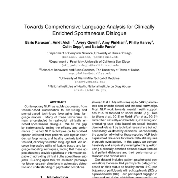 Towards Comprehensive Language Analysis for Clinically Enriched Spontaneous Dialogue - ACL Anthology
