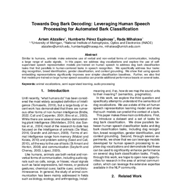 Towards Dog Bark Decoding: Leveraging Human Speech Processing for Automated Bark Classification ...
