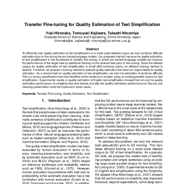 Transfer Fine-tuning for Quality Estimation of Text Simplification ...