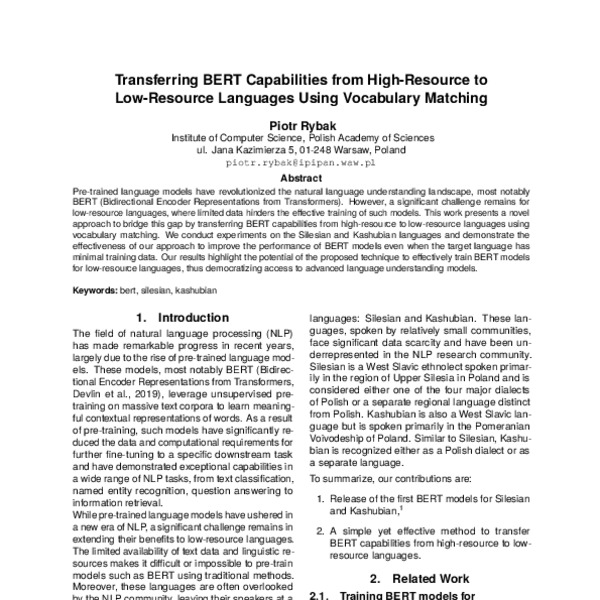 Transferring BERT Capabilities from High-Resource to Low-Resource Languages Using Vocabulary ...