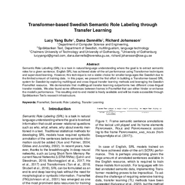 Transformer-based Swedish Semantic Role Labeling through Transfer Learning - ACL Anthology
