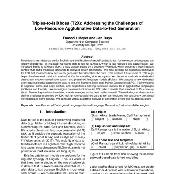 Triples-to-isiXhosa (T2X): Addressing the Challenges of Low-Resource Agglutinative Data-to-Text ...