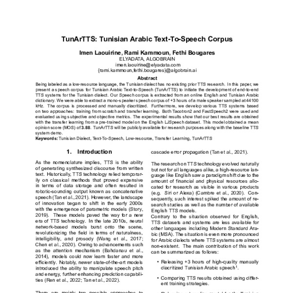 TunArTTS: Tunisian Arabic Text-To-Speech Corpus - ACL Anthology