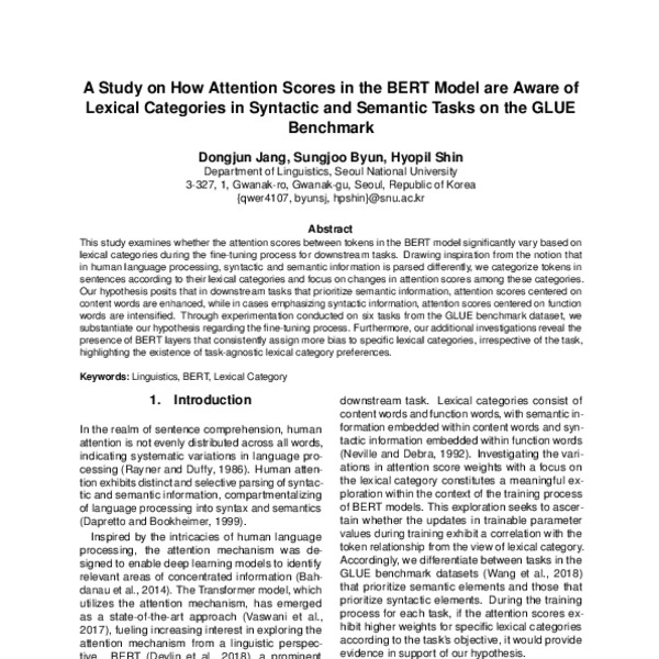 A Study on How Attention Scores in the BERT Model Are Aware of Lexical Categories in Syntactic ...