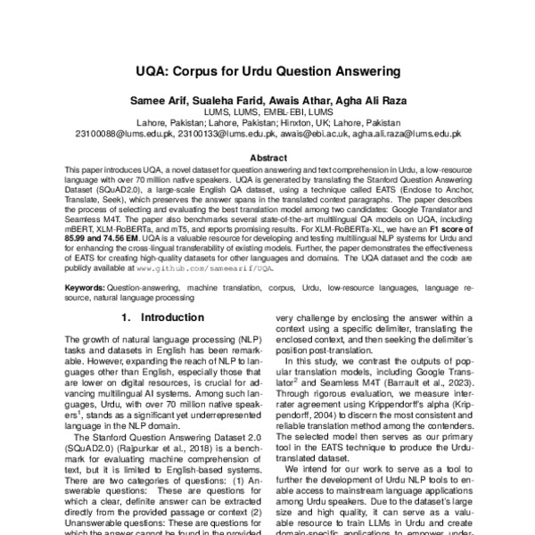 UQA: Corpus for Urdu Question Answering - ACL Anthology
