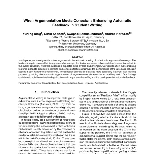 When Argumentation Meets Cohesion: Enhancing Automatic Feedback in Student Writing - ACL Anthology