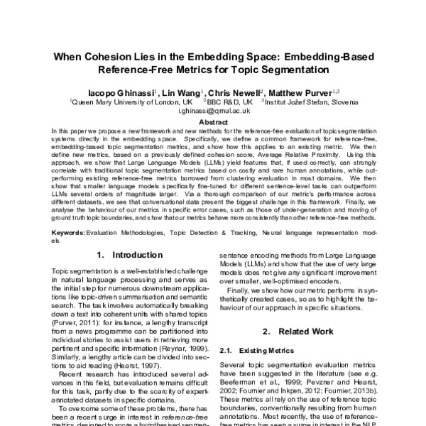 When Cohesion Lies in the Embedding Space: Embedding-Based Reference-Free Metrics for Topic ...