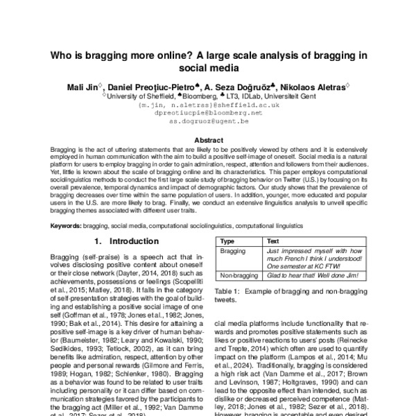Who Is Bragging More Online? A Large Scale Analysis of Bragging in ...