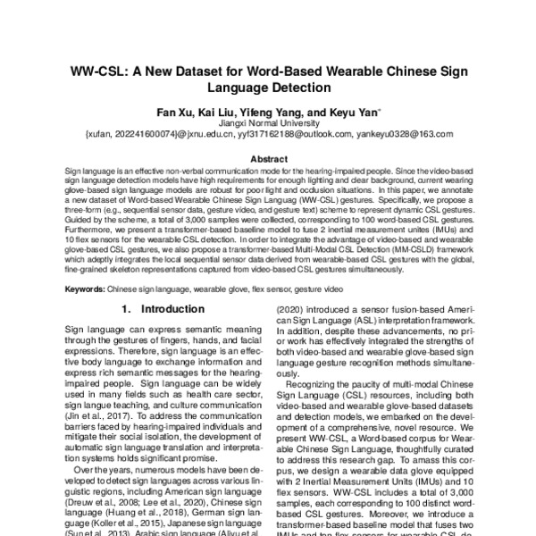 WW-CSL: A New Dataset for Word-Based Wearable Chinese Sign Language ...
