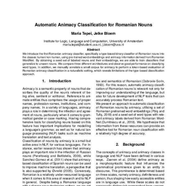 Automatic Animacy Classification for Romanian Nouns - ACL Anthology