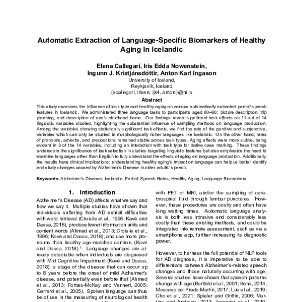 Automatic Extraction of Language-Specific Biomarkers of Healthy Aging in Icelandic - ACL Anthology