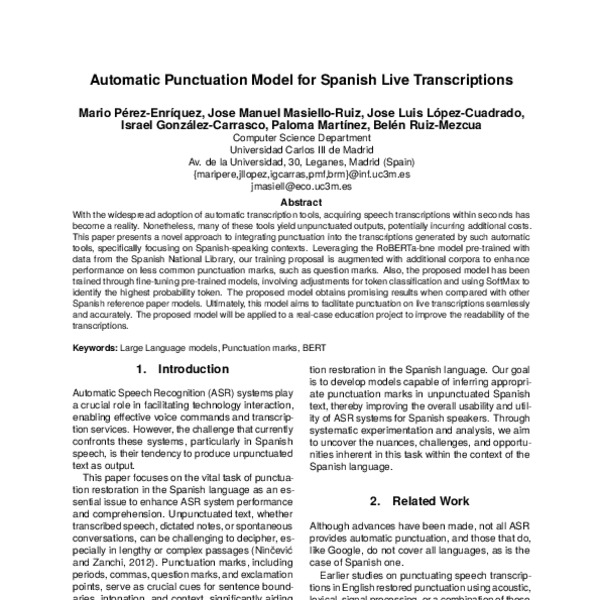 Automatic Punctuation Model for Spanish Live Transcriptions - ACL Anthology