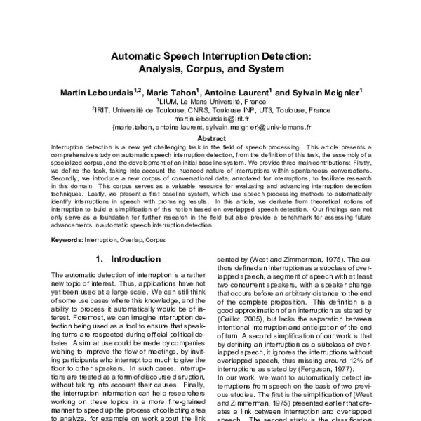 Automatic Speech Interruption Detection: Analysis, Corpus, and System - ACL Anthology