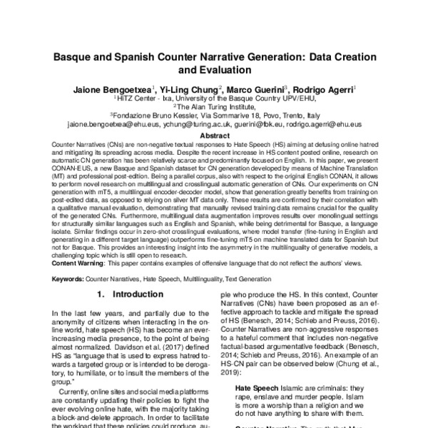 Basque and Spanish Counter Narrative Generation: Data Creation and ...
