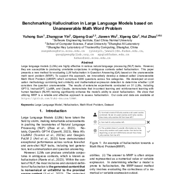 Benchmarking Hallucination in Large Language Models Based on Unanswerable Math Word Problem ...