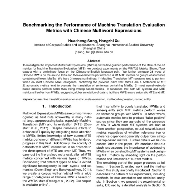 Benchmarking the Performance of Machine Translation Evaluation Metrics with Chinese Multiword ...