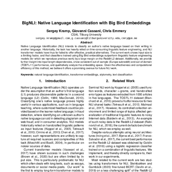 BigNLI: Native Language Identification with Big Bird Embeddings - ACL Anthology