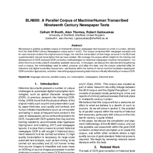 BLN600: A Parallel Corpus of Machine/Human Transcribed Nineteenth ...