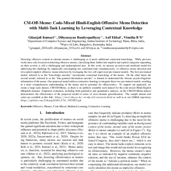 CM-Off-Meme: Code-Mixed Hindi-English Offensive Meme Detection with Multi-Task Learning by ...