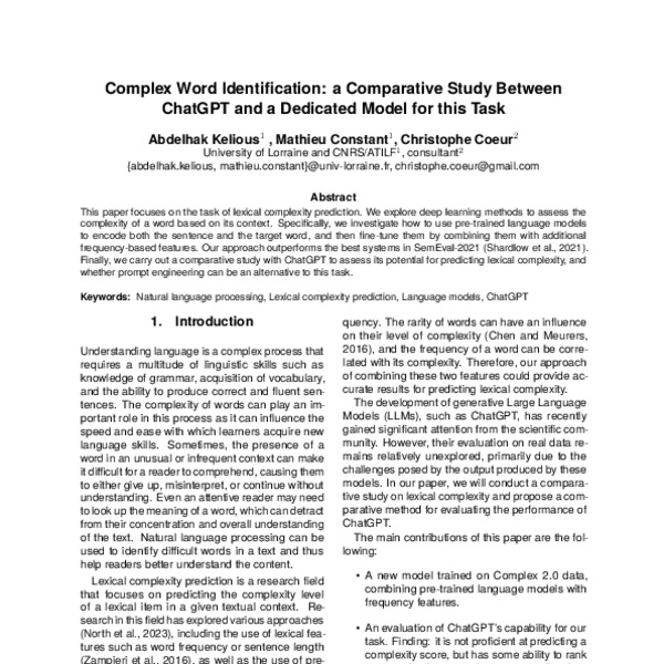 Complex Word Identification: A Comparative Study between ChatGPT and a Dedicated Model for This ...