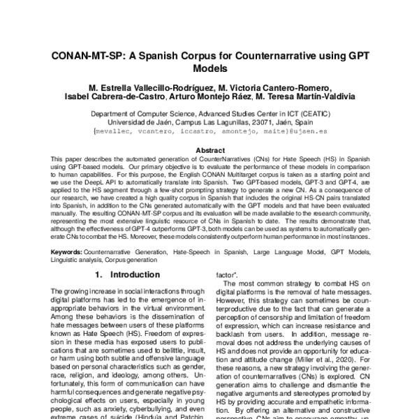 CONAN-MT-SP: A Spanish Corpus for Counternarrative Using GPT Models ...