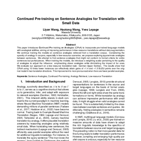 Continued Pre-training on Sentence Analogies for Translation with Small Data - ACL Anthology
