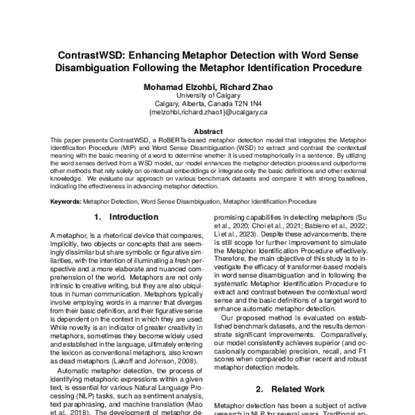 ContrastWSD: Enhancing Metaphor Detection with Word Sense Disambiguation Following the Metaphor ...